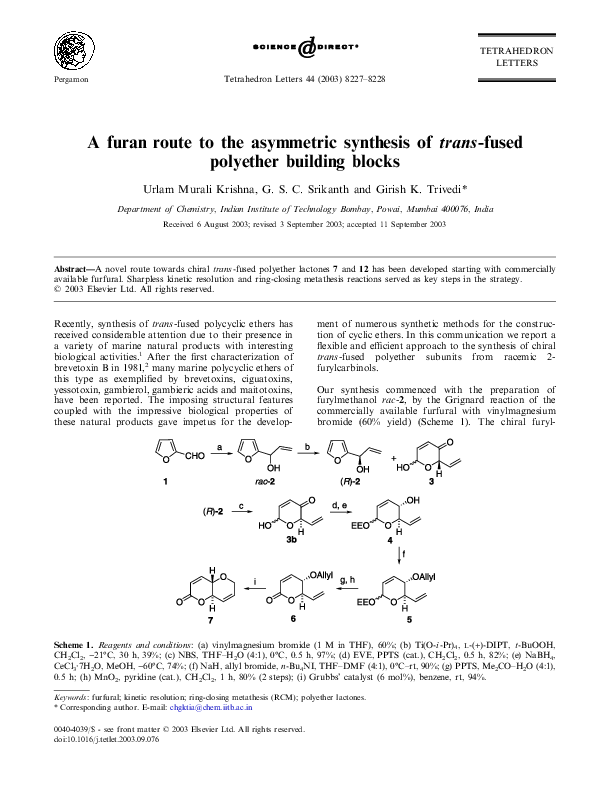 (PDF) A furan route to the asymmetric synthesis of trans-fused polyether building blocks