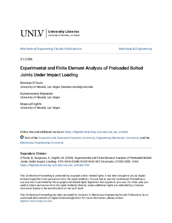 (PDF) Experimental and Finite Element Analysis of Preloaded Bolted Joints Under Impact Loading