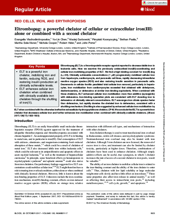 (PDF) Eltrombopag: a powerful chelator of cellular or extracellular ...