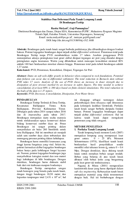 (PDF) Stabilitas Dan Deformasi Pada Tanah Lempung Lunak DI Bendungan Teritip
