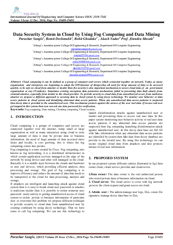 (PDF) Data Security System in Cloud by Using Fog Computing and Data Mining