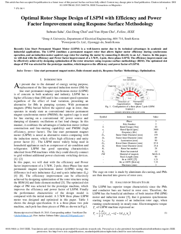Pdf Optimal Rotor Shape Design Of Lspm With Efficiency And Power Factor Improvement Using