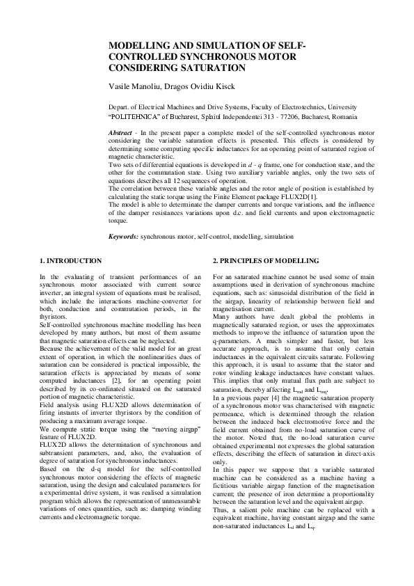 Pdf Modelling And Simulation Of Self Controlled Synchronous Motor Considering Saturation
