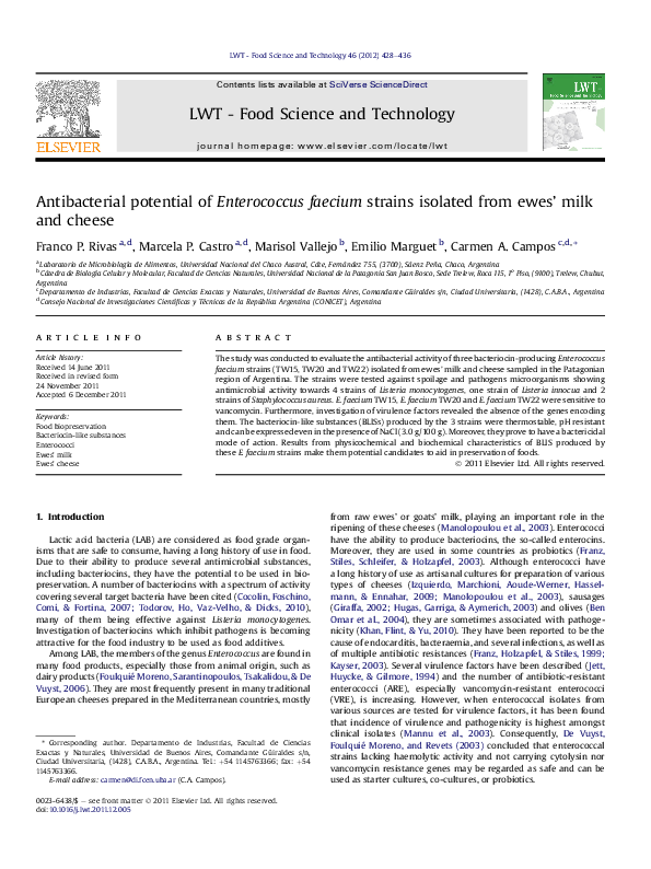 Pdf Antibacterial Potential Of Enterococcus Faecium Strains Isolated From Ewes Milk And Cheese