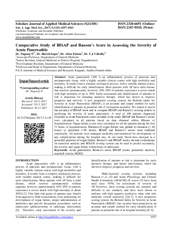 (PDF) Comparative Study of BISAP and Ranson ’ s Score in Assessing the ...