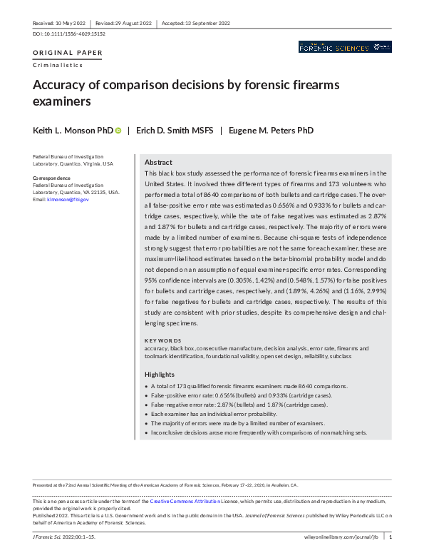 Pdf Accuracy Of Comparison Decisions By Forensic Firearms Examiners