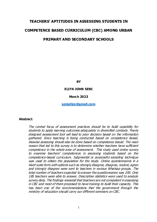 (PDF) TEACHERS' APTITUDES IN ASSESSING STUDENTS IN COMPETENCE BASED CURRICULUM (CBC) AMONG URBAN ...