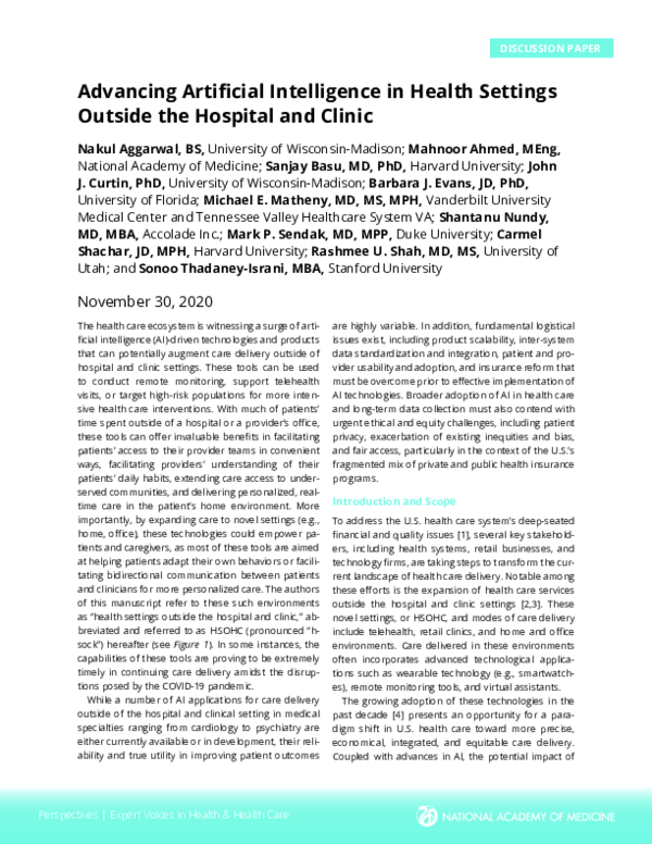 (PDF) Advancing Artificial Intelligence in Health Settings Outside the Hospital and Clinic