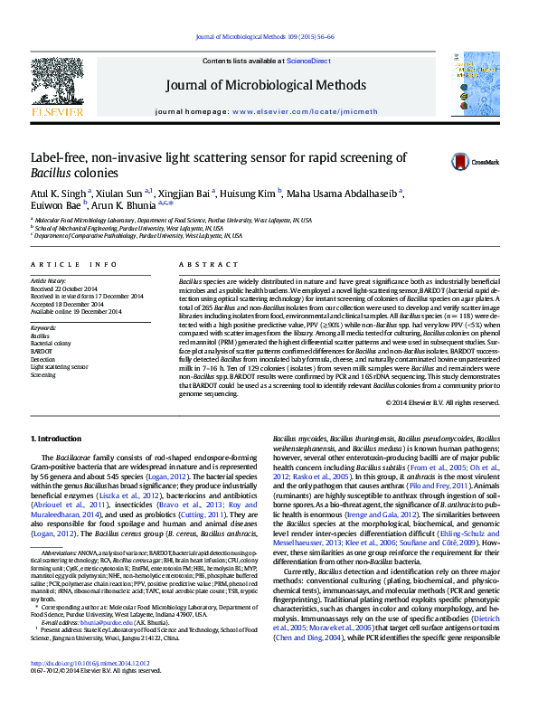 (PDF) Label-free, non-invasive light scattering sensor for rapid screening of Bacillus colonies