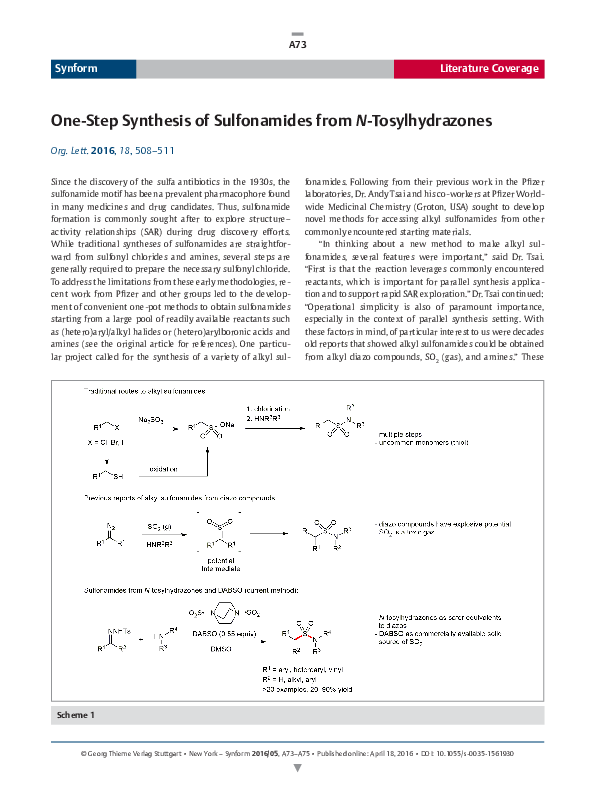 (PDF) One-Step Synthesis of Sulfonamides from N-Tosylhydrazones
