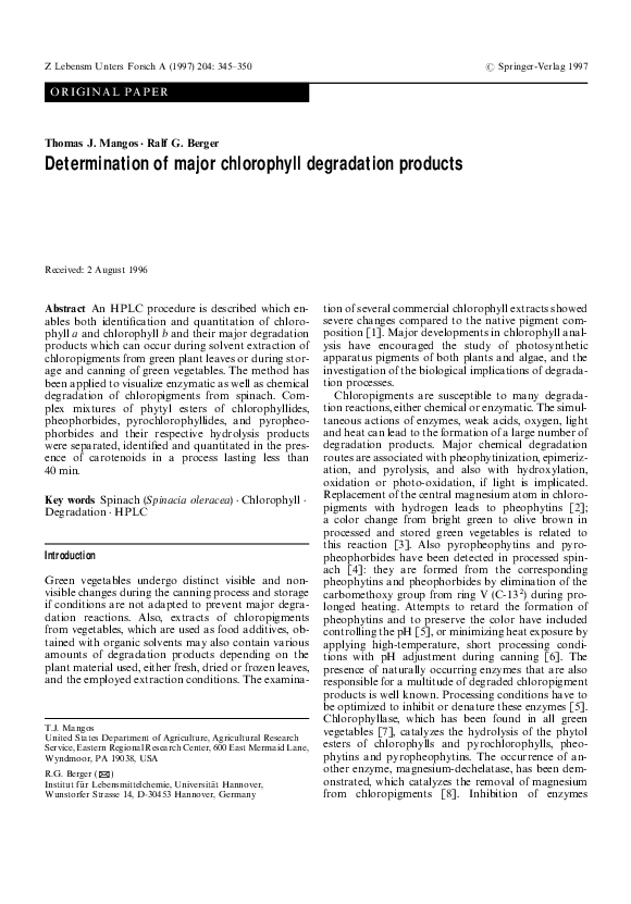 (PDF) Determination of major chlorophyll degradation products