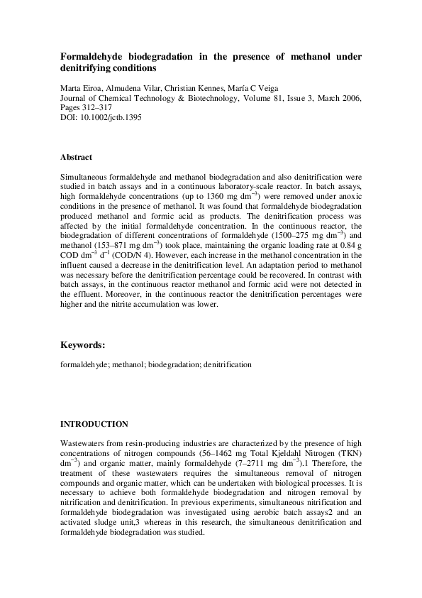 (PDF) Biodegradation of Formaldehyde and Methanol Under Denitrification