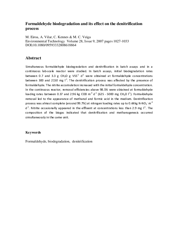 (PDF) Formaldehyde Biodegradation and Its Effect on the Denitrification Process