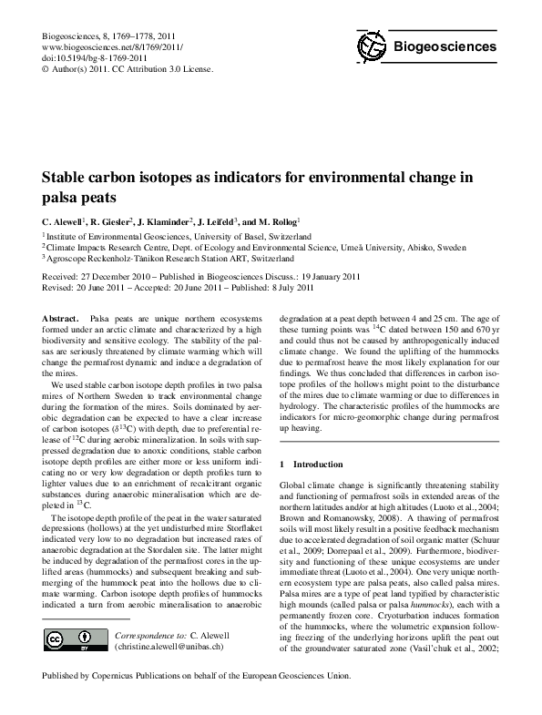 (PDF) Stable carbon isotopes as indicators for environmental change in palsa peats