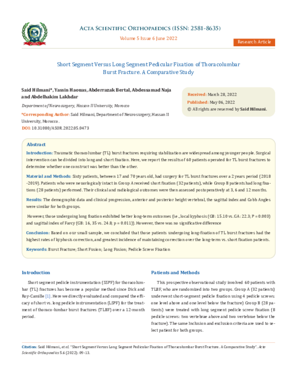 (PDF) Short Segment Versus Long Segment Pedicular Fixation of ...