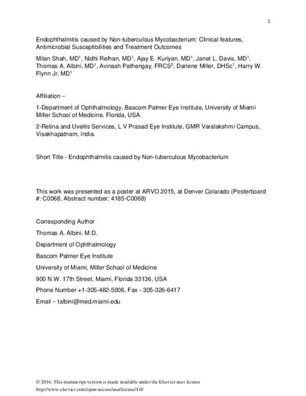 (PDF) Endophthalmitis Caused by Nontuberculous Mycobacterium: Clinical Features, Antimicrobial ...