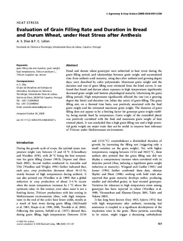 Pdf Evaluation Of Grain Filling Rate And Duration In Bread And Durum