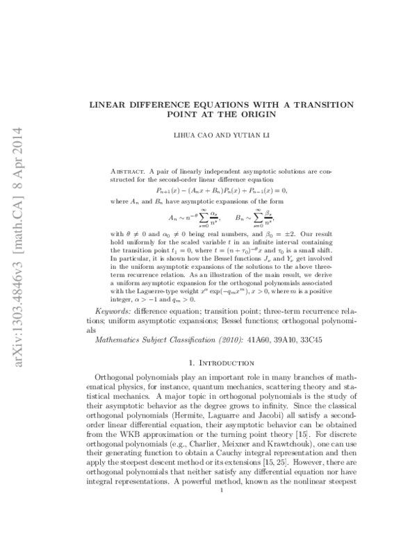 Pdf Linear Difference Equations With A Transition Point At The Origin