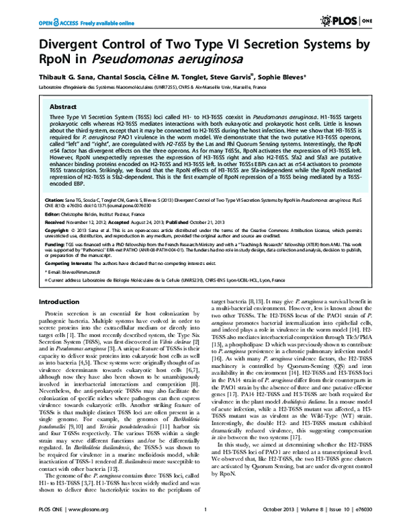 (PDF) Divergent Control of Two Type VI Secretion Systems by RpoN in ...