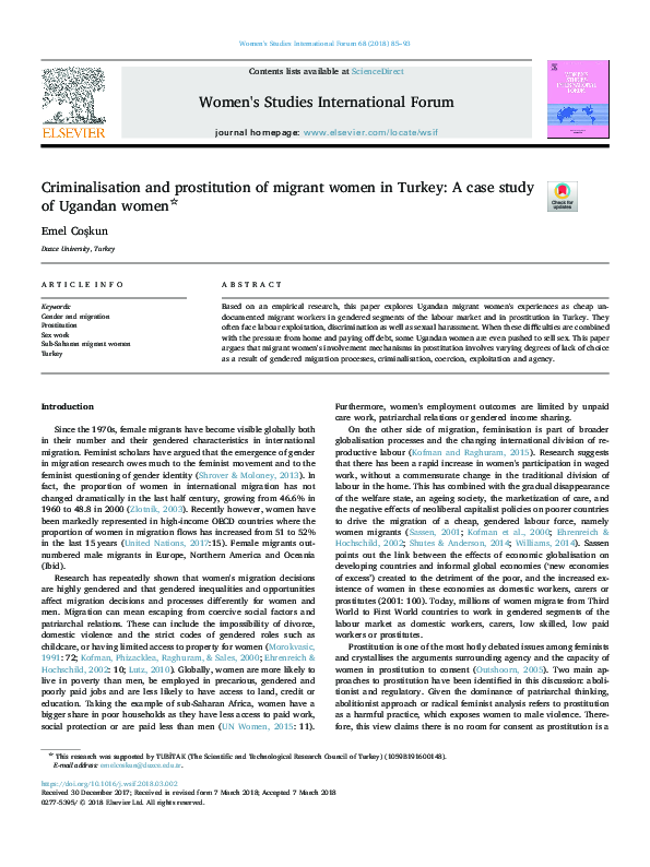 (PDF) Criminalisation and prostitution of migrant women in Turkey: A ...