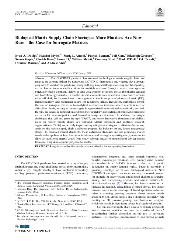 (PDF) Biological Matrix Supply Chain Shortages: More Matrices Are Now ...