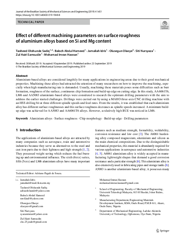 (PDF) Effect of different machining parameters on surface roughness of aluminium alloys based on ...