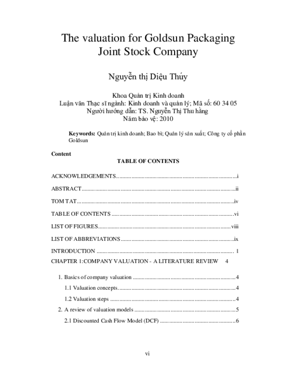 (PDF) The valuation for Goldsun Packaging Joint Stock Company