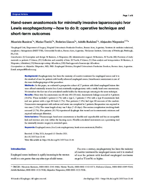 (PDF) Hand-sewn anastomosis for minimally invasive laparoscopic Ivor ...