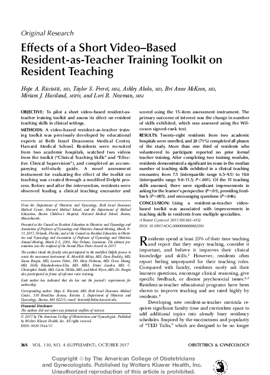(PDF) Effects of a Short Video–Based Resident-as-Teacher Training ...