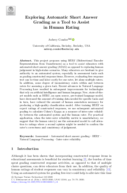 (PDF) Exploring Automatic Short Answer Grading as a Tool to Assist in Human Rating