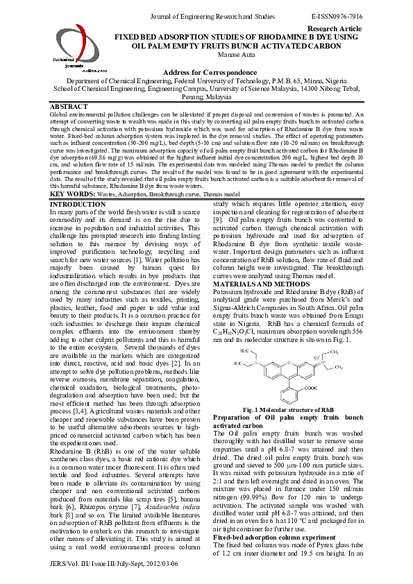 (PDF) Research Article FIXED BED ADSORPTION STUDIES OF RHODAMINE B DYE USING OIL PALM EMPTY ...