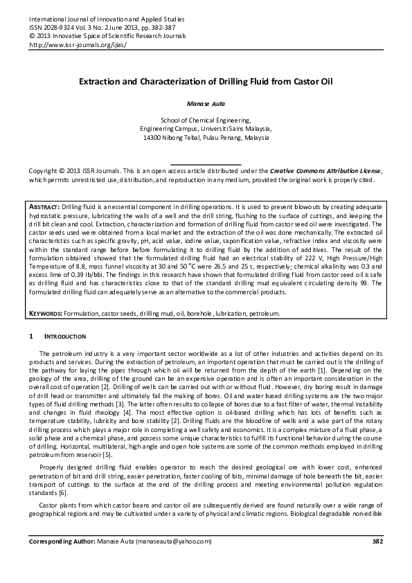 (PDF) Extraction and Characterization of Drilling Fluid from Castor Oil