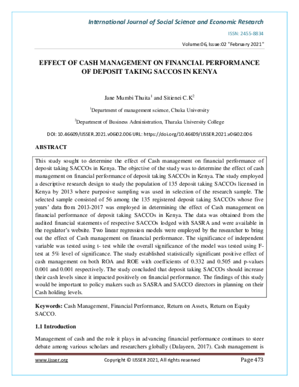 (PDF) Effect of Cash Management on Financial Performance of Deposit ...
