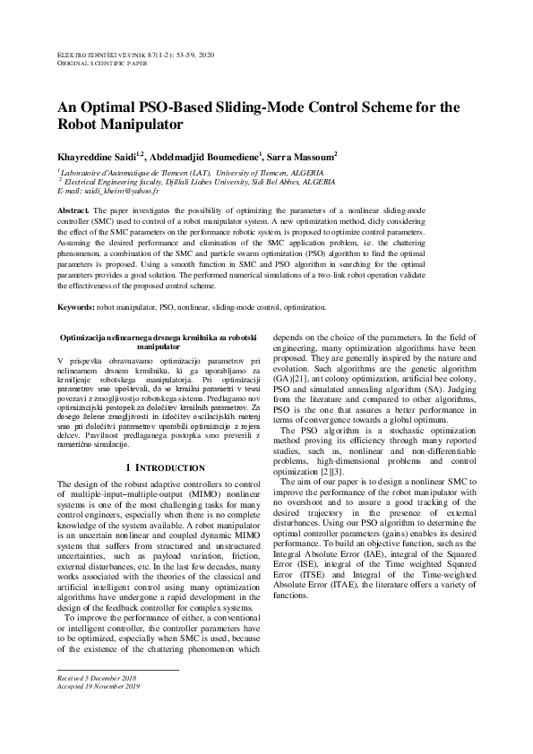 Pdf An Optimal Pso Based Sliding Mode Control Scheme For The Robot Manipulator