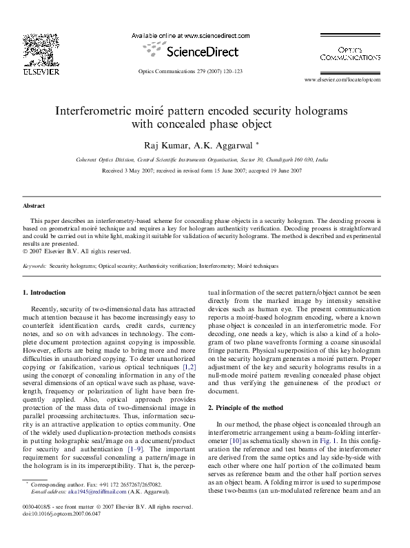 (PDF) Interferometric moiré pattern encoded security holograms