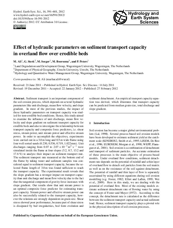(PDF) Effect of hydraulic parameters on sediment transport capacity in ...
