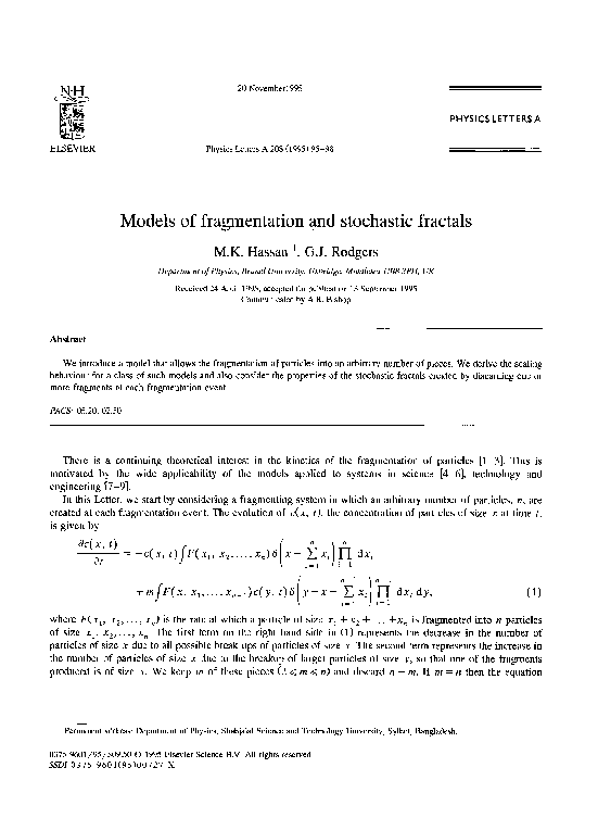 (PDF) Models of fragmentation and stochastic fractals