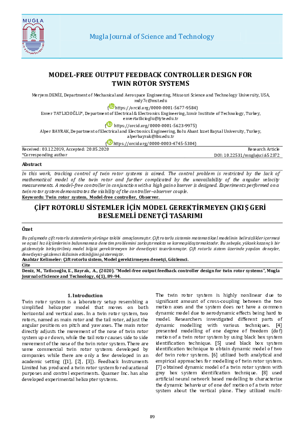 (PDF) Model-Free Output Feedback Controller Design for Twin Rotor Systems