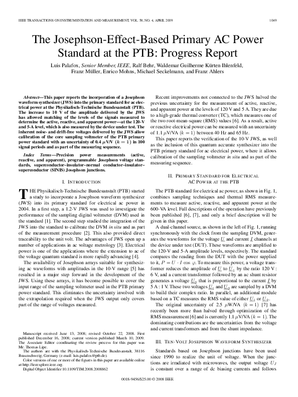 (PDF) The Josephson-Effect-Based Primary AC Power Standard at the PTB: Progress Report