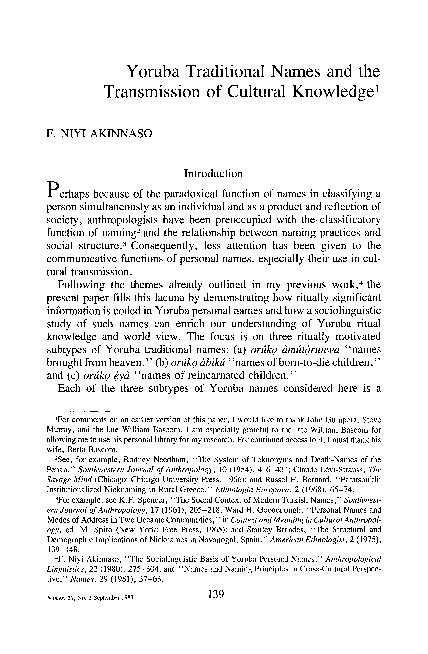 (PDF) Yoruba Traditional Names and the Transmission of Cultural Knowledge