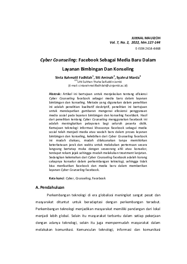 (PDF) Cyber Counseling: Facebook Sebagai Media Baru Dalam Layanan Bimbingan Dan Konseling