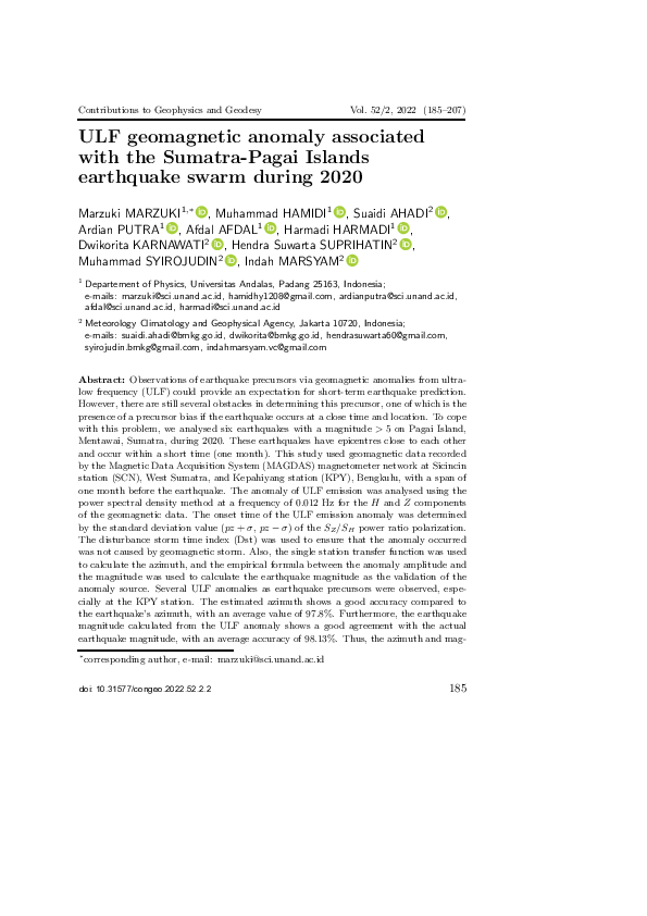 (PDF) ULF geomagnetic anomaly associated with the Sumatra-Pagai Islands ...
