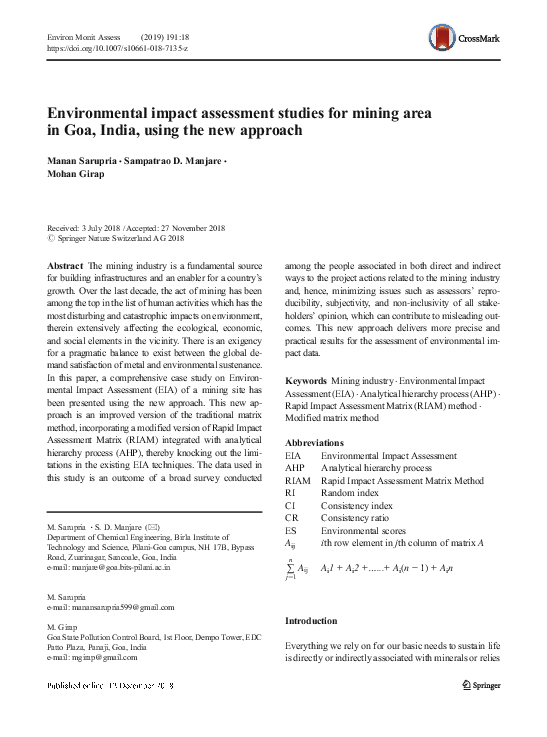 (PDF) Environmental impact assessment studies for mining area in Goa, India, using the new approach