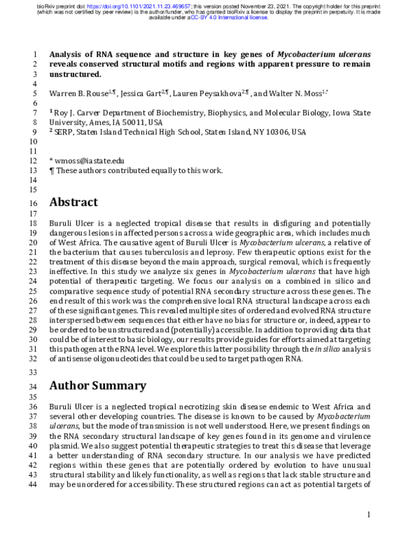 (PDF) Analysis of RNA sequence and structure in key genes ofMycobacterium ulceransreveals ...