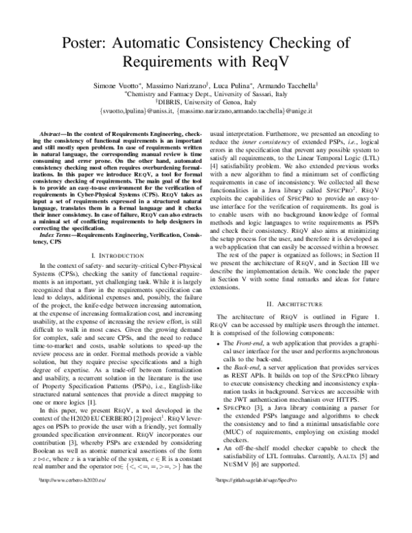 (PDF) Poster: Automatic Consistency Checking of Requirements with ReqV