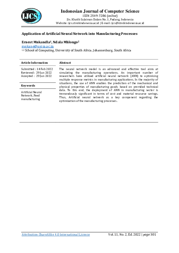 Pdf Application Of Artificial Neural Network Into Manufacturing Processes Ernest Mnkandla