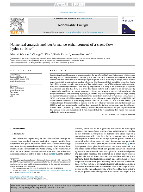 (PDF) Numerical analysis and performance enhancement of a cross-flow hydro turbine