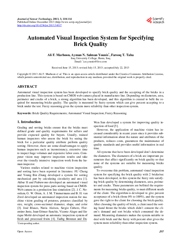 (PDF) Automated Visual Inspection System for Specifying Brick Quality