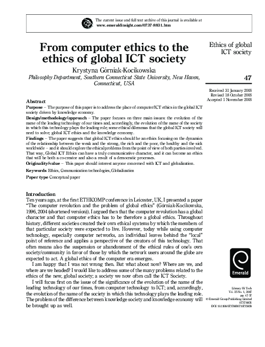 (PDF) From computer ethics to the ethics of global ICT society