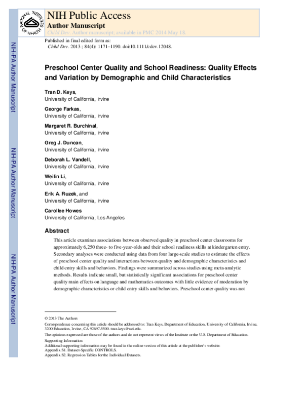 (PDF) Preschool Center Quality and School Readiness: Quality Effects ...